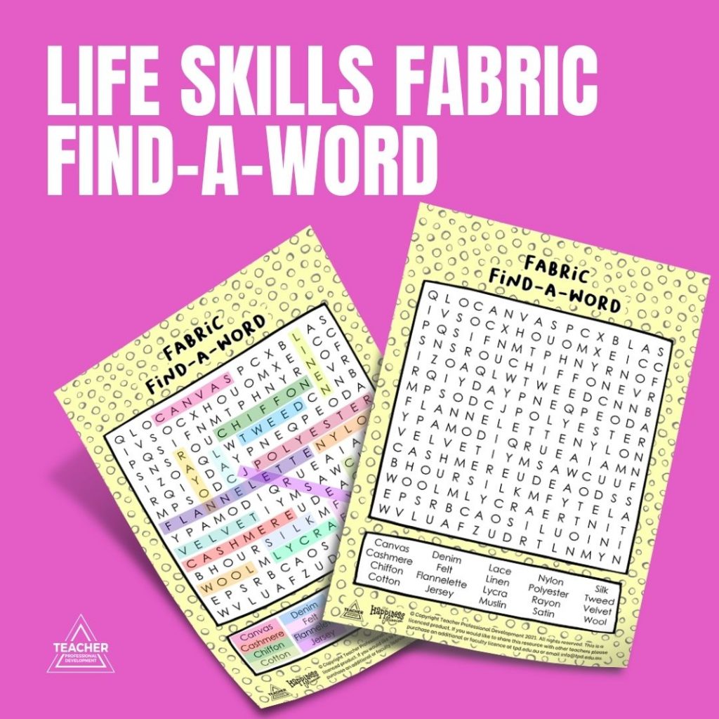 Life Skills Fabric Find-a-Word - Teacher Professional Development