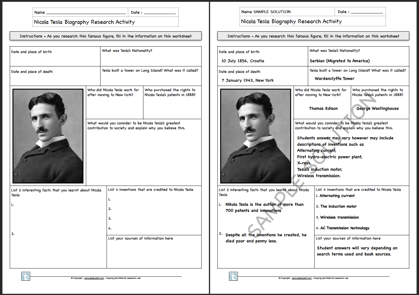 Nicola Tesla Biography Research Activity - Teacher Professional Development