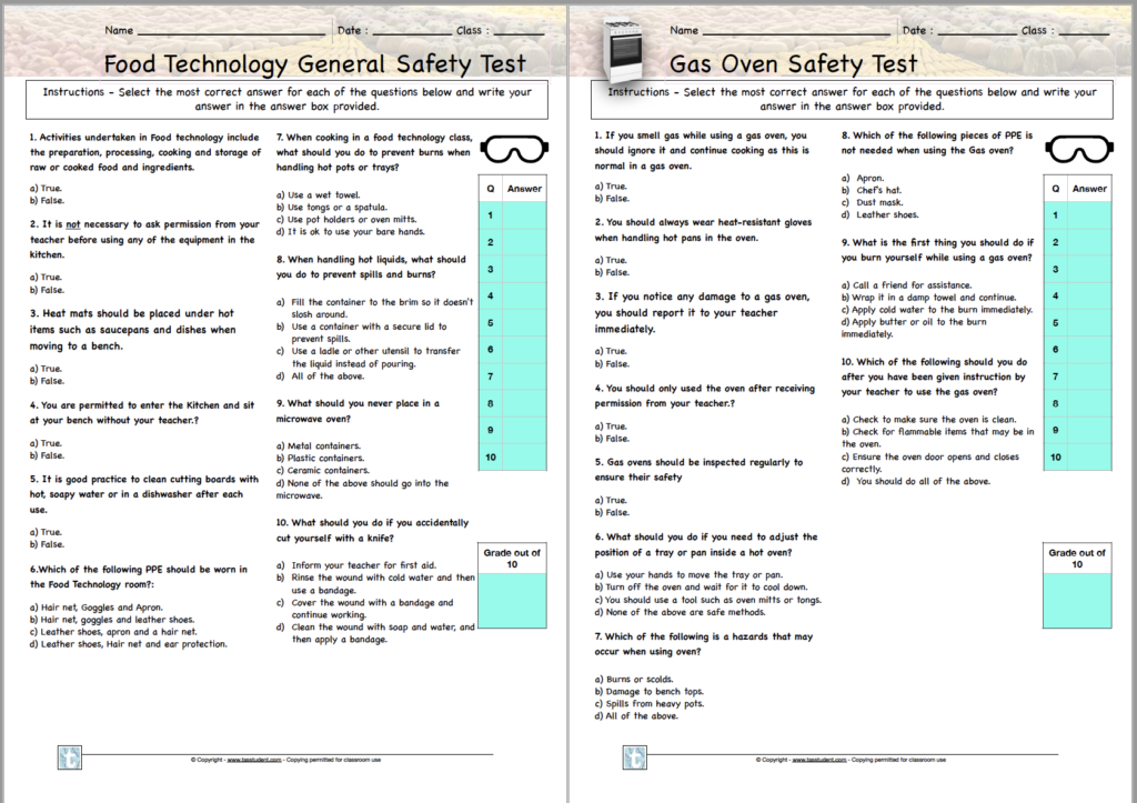 Food Technology - Printable Safety Tests - Teacher Professional Development