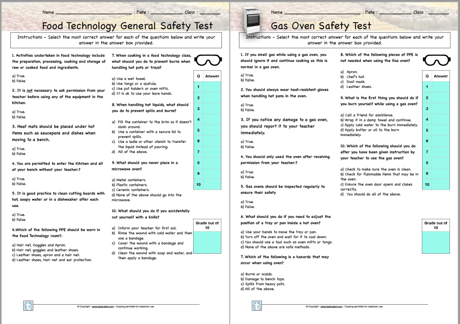 Food Technology - Printable Safety Tests - Teacher Professional Development