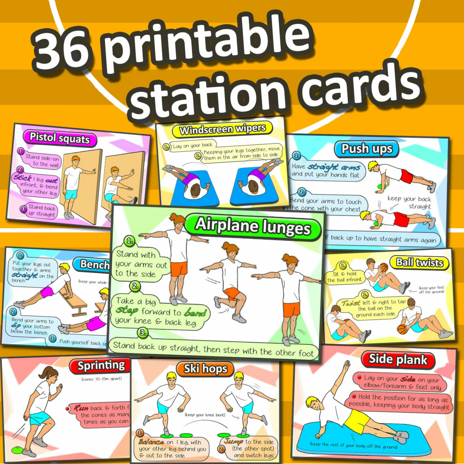 Fitness Circuit Station cards - 36 PE gym activities: Primary ...