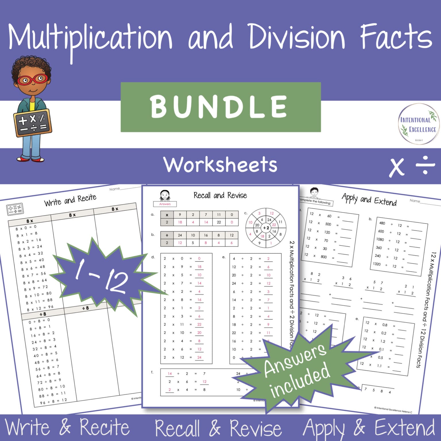 BUNDLE WORKSHEETS 1-12 Multiplication and Division Basic Facts Times ...