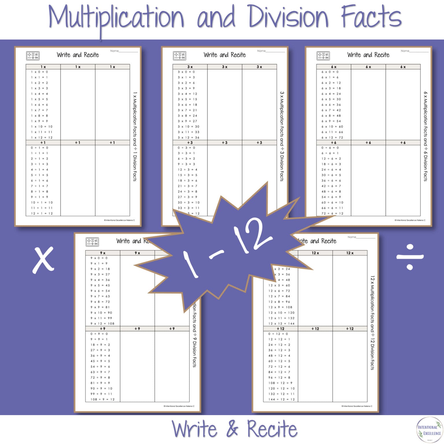 BUNDLE WORKSHEETS 1-12 Multiplication and Division Basic Facts Times ...