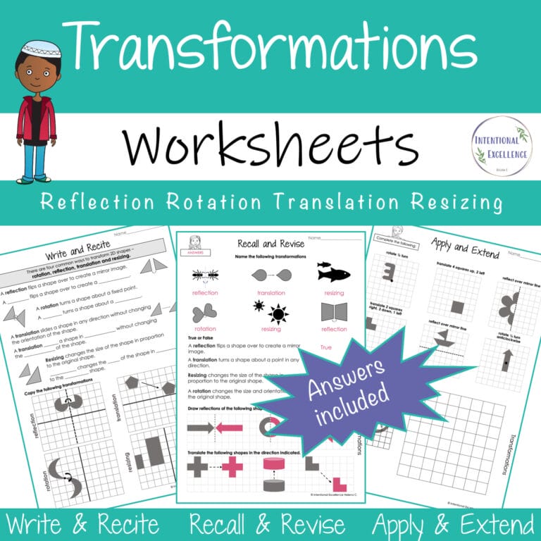 Transformations WORKSHEETS Resizing Reflection Rotation Translation ...