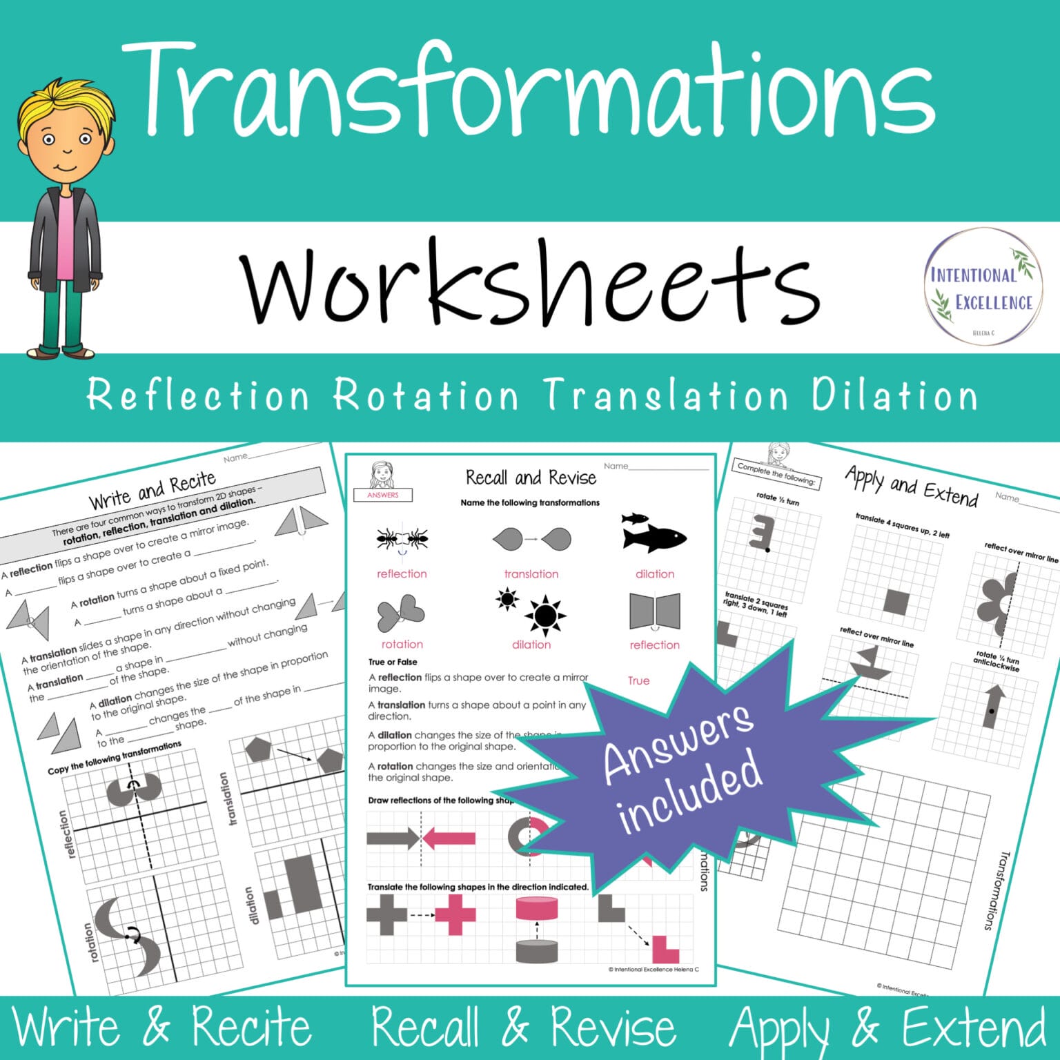 Transformations WORKSHEETS Dilation Reflection Rotation Translation ...