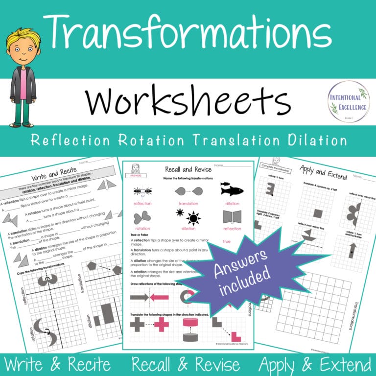 2D Transformations WORKSHEETS Dilation Reflection Rotation Translation ...