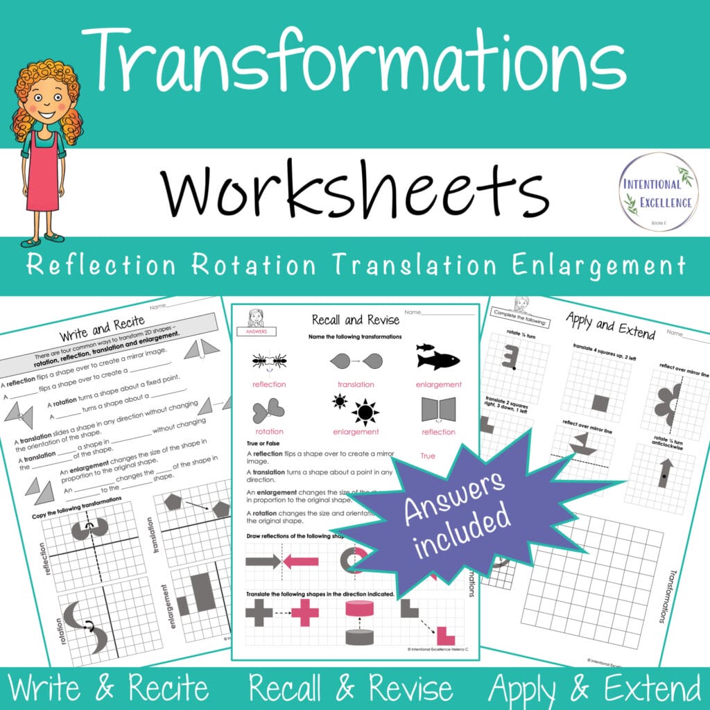 2D Transformations WORKSHEETS Enlargement Reflection Rotation ...