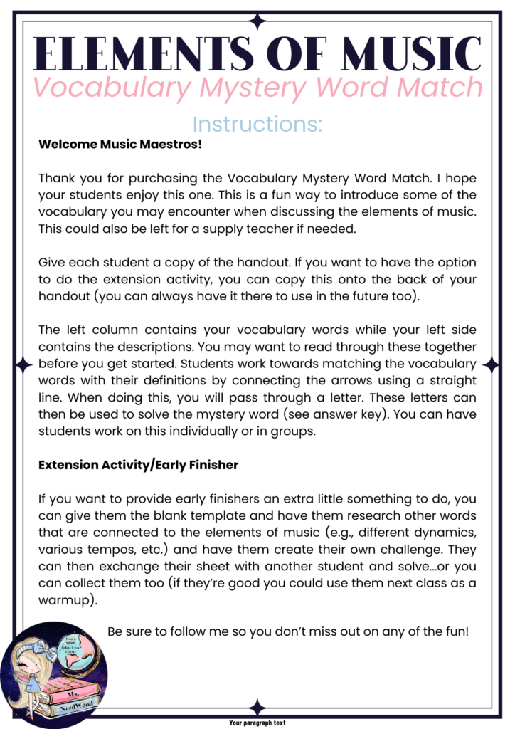 Vocabulary Mystery Word Match - Elements of Music - Teacher ...