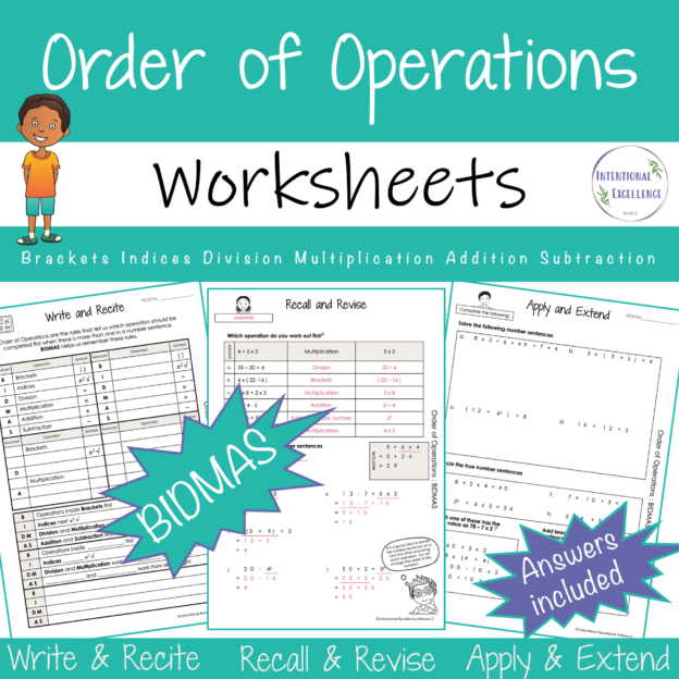 BIDMAS Order of Operations WORKSHEETS Year 6 Math Review Homework ...