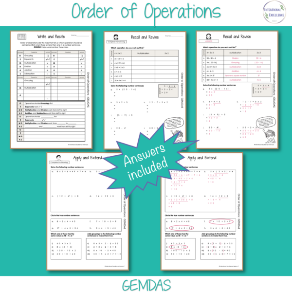 GEMDAS Order of Operations WORKSHEETS Year 6 Math Review Homework ...