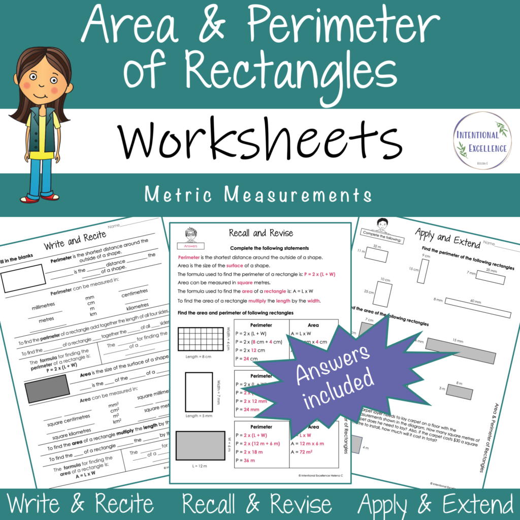 Area and Perimeter of Rectangles WORKSHEETS Year 4 - 5 Math Review ...