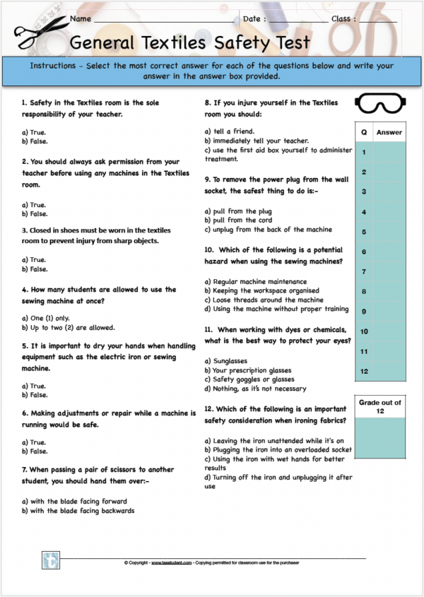Textiles Technology - Set 3 "Printable Safety Tests" - Teacher ...