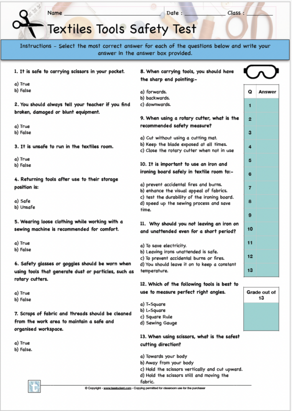 Textiles Technology - Set 3 "Printable Safety Tests" - Teacher ...