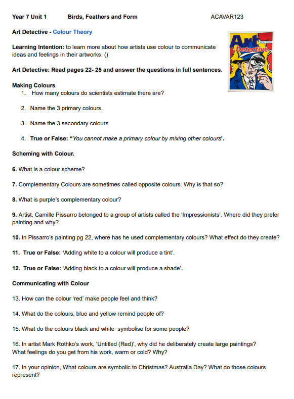 Year 7 Visual Arts Unit 1 Birds Feathers Form, Colour Theory ...