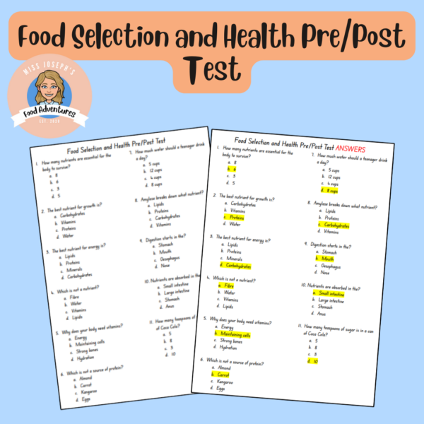 Food Selection and Health Pre and Post Test - with ANSWERS - Teacher ...