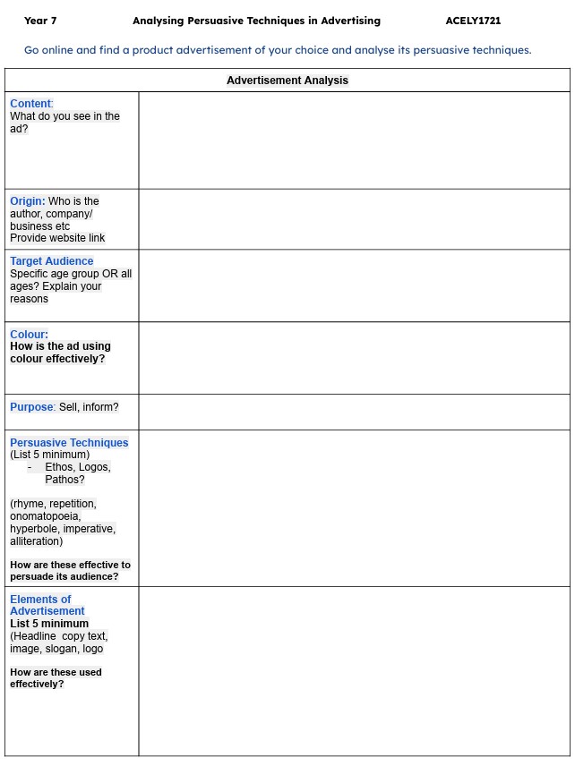 Year 7 English | Analysing Persuasion in Media Texts Resources