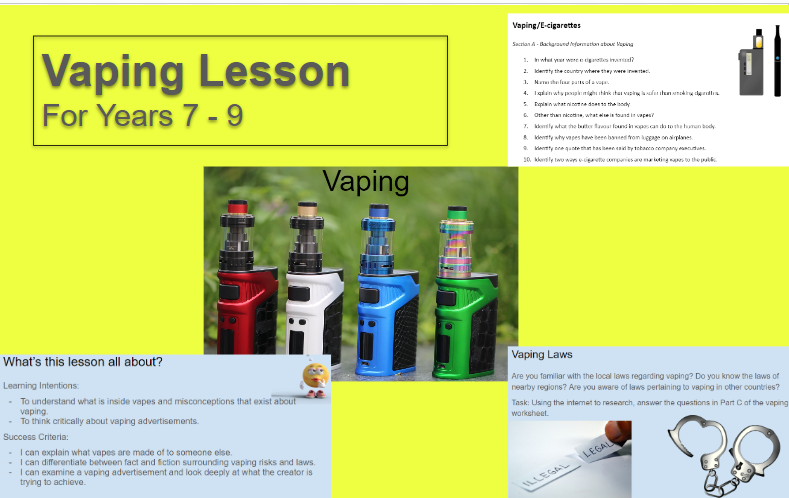 Vaping - a lesson for Years 7, 8 & 9 - Teacher Professional Development