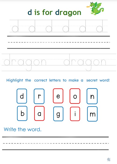 'd is for dragon' Spelling, Handwriting | Pokemon 'Dragonite'