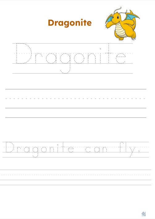 'd is for dragon' Spelling, Handwriting | Pokemon 'Dragonite'
