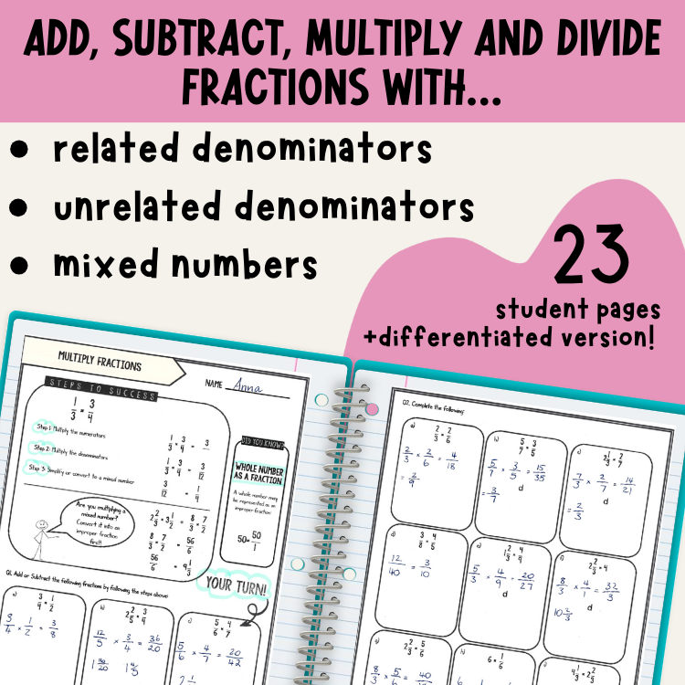 Year 7 ADD, SUBTRACT, MULTIPLY and DIVIDE FRACTIONS- WORKSHEETS ...
