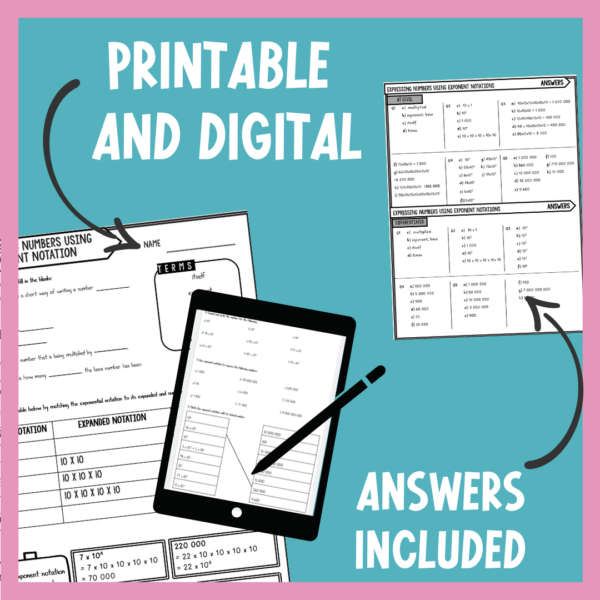 Grade 7 - Exponent Notation - Worksheets - Differentiated - Digital and ...
