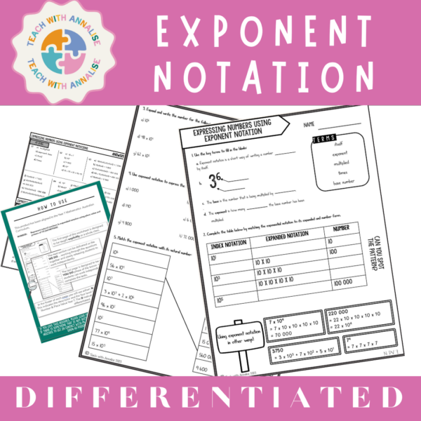 Grade 7 - Exponent Notation - Worksheets - Differentiated - Digital and ...