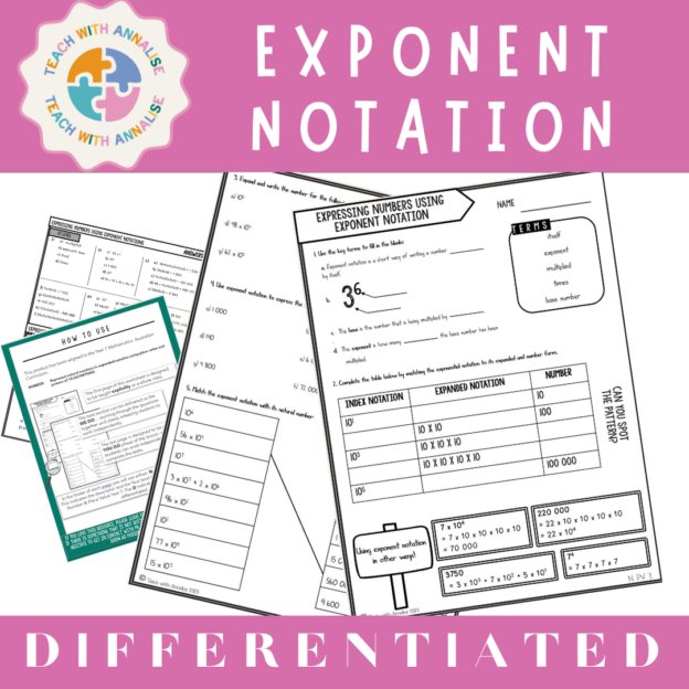 Grade 7 - Exponent Notation - Worksheets - Differentiated - Digital and ...
