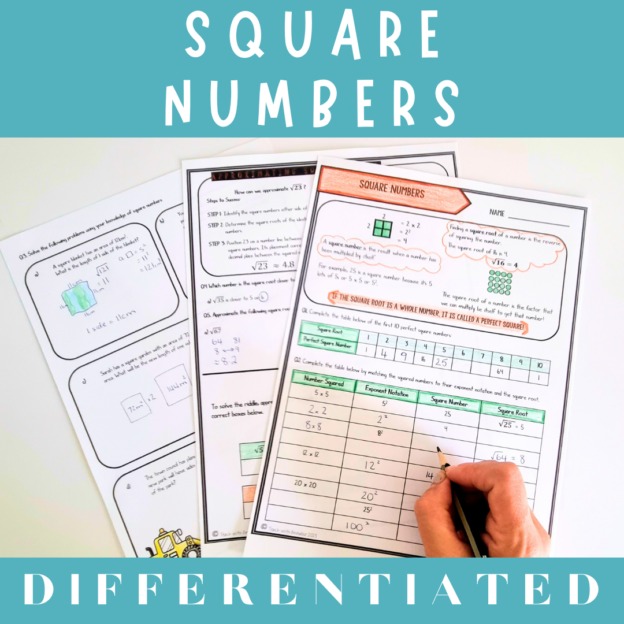 Grade 7 - Square Numbers and their Roots -Worksheets- Differentiated ...