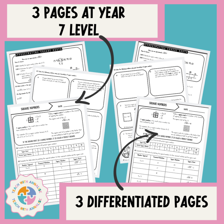 Grade 7 - Square Numbers and their Roots -Worksheets- Differentiated ...
