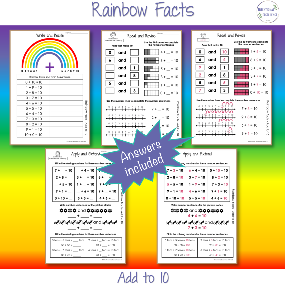 Add to 10 Basic Rainbow Facts Prep – 2nd Grade Math Homework ...