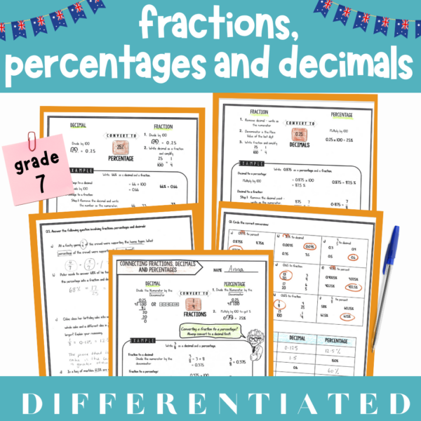 GRADE 7 - Connecting Fractions, Decimals and Percentages Worksheets ...