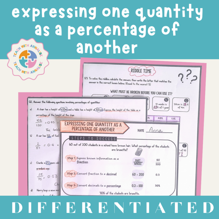 GRADE 7 - Expressing One Quantity as a Percentage of Another WORKSHEETS ...