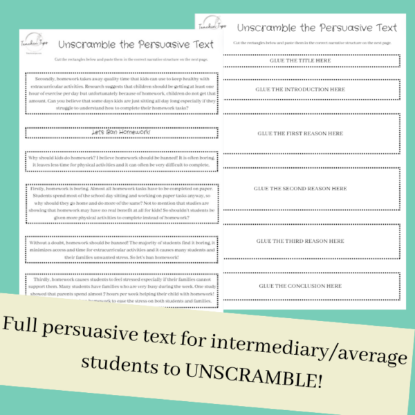 DIFFERENTIATED Unscramble the Text Activity Persuasive Texts | Opinion ...