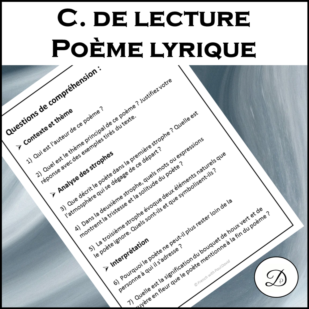 Compréhension de lecture - Poème lyrique / French Reading Comprehension ...