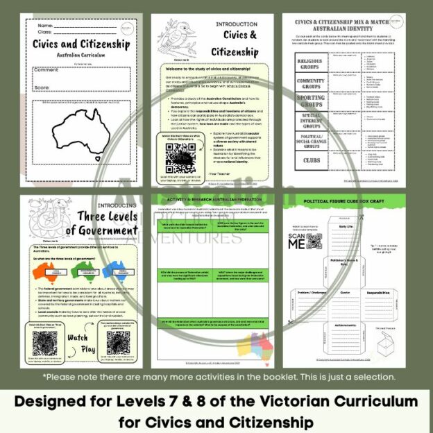 Australian Civics and Citizenship Year 7 & 8 Worksheets, Assessment ...