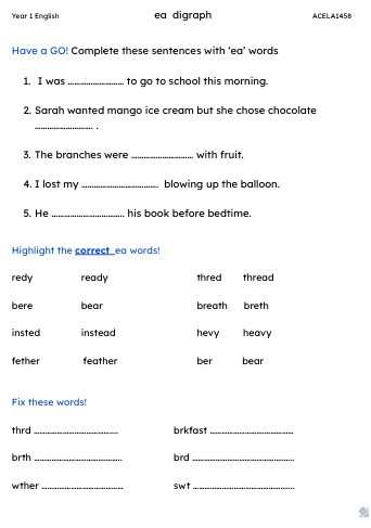Year 1 Digraphs | 'ea' as in bread - Teacher Professional Development