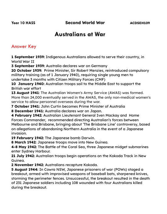 Year 10 HASS | WWII Australians At War Mini Timeline - Teacher ...
