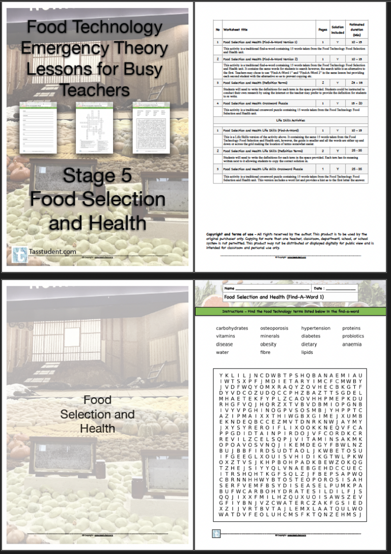 Food Technology Emergency Lesson - Food Selection and Health - Teacher ...