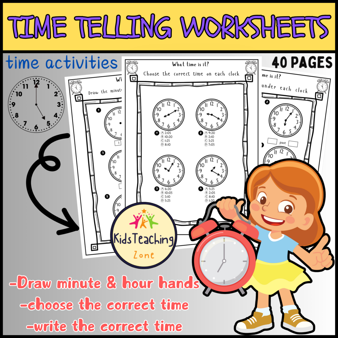 Telling Time Worksheets : Draw Minute & Hour Hands, Multiple Choice ...
