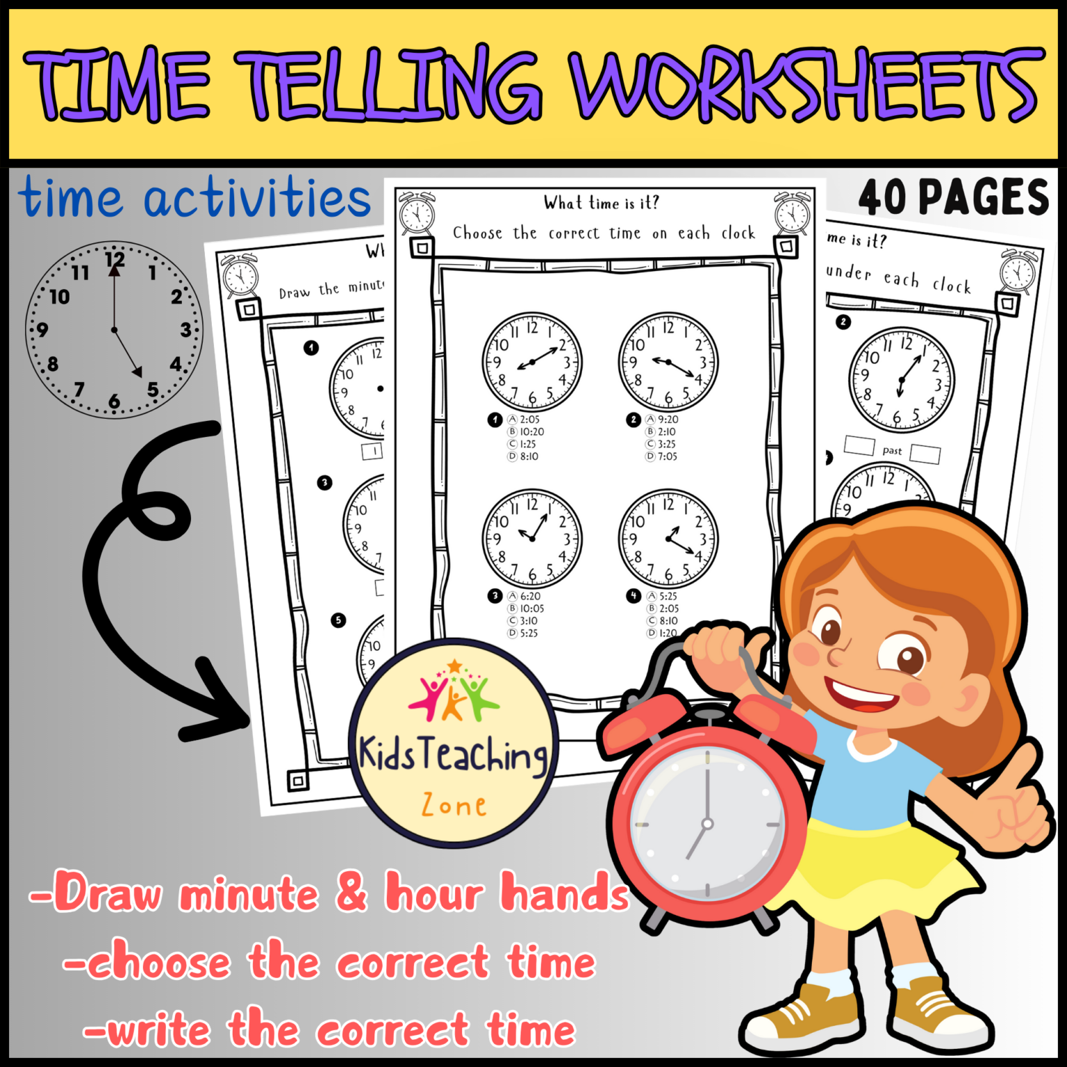 Telling Time Worksheets : Draw Minute & Hour Hands, Multiple Choice ...