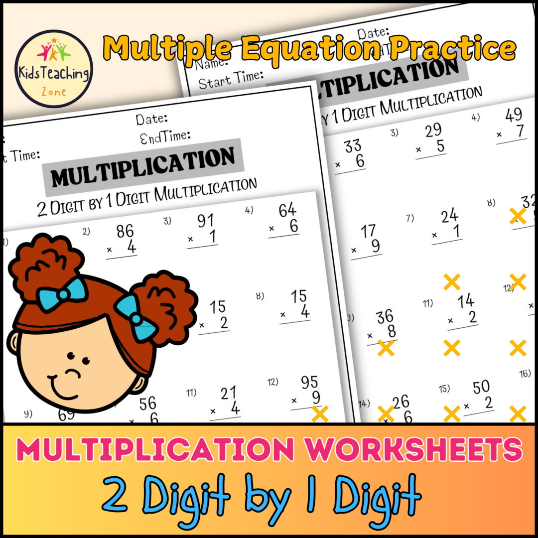 2 Digit by 1 Digit Multiplication Practice Worksheets - Teacher ...