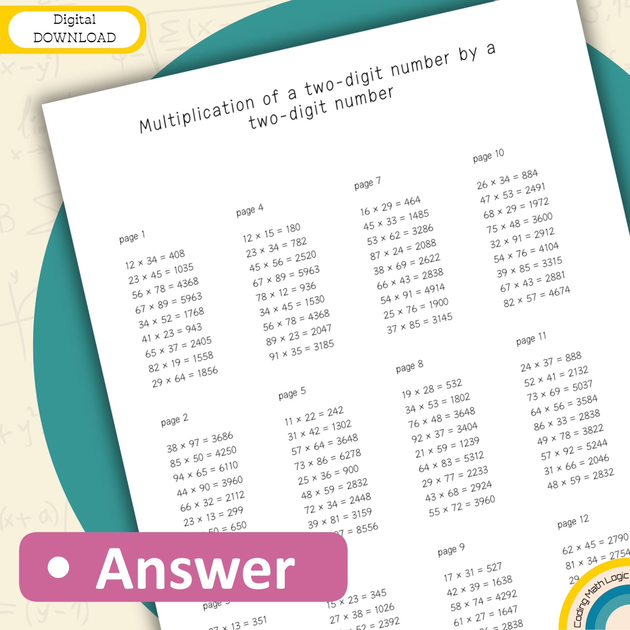 Multiplication flash cards 2 digit x 2 digit - Teacher Professional ...