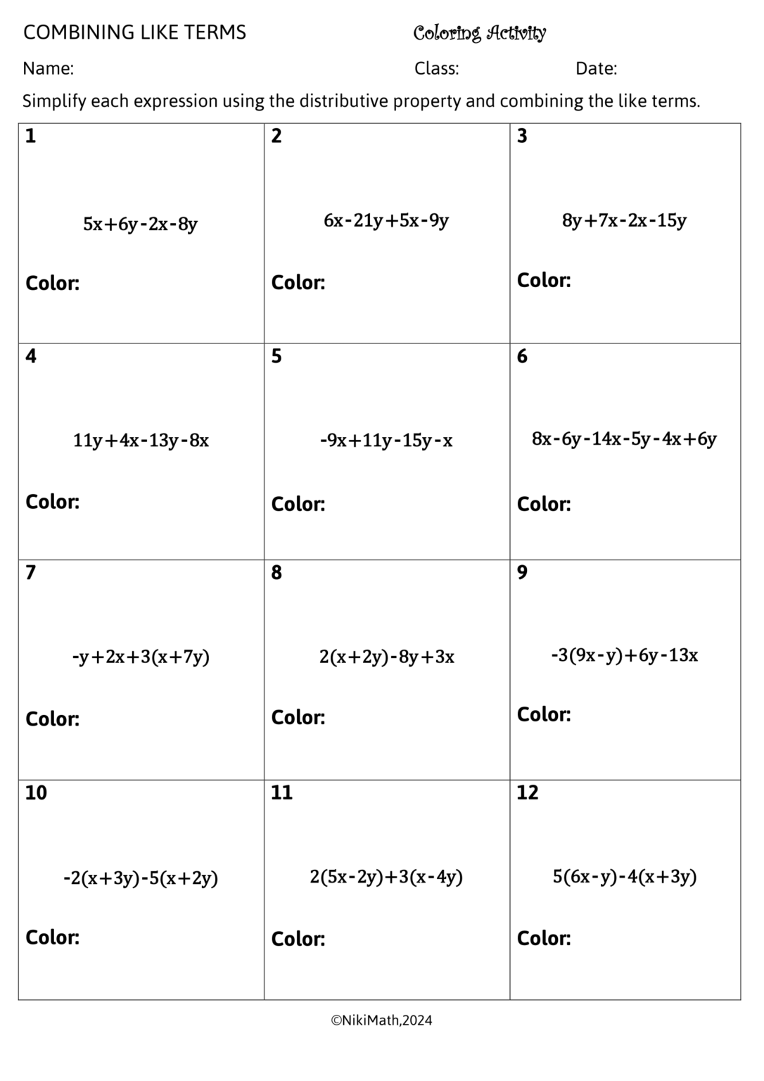 Combining Like Terms - Coloring Activity/Color by Code - Teacher ...