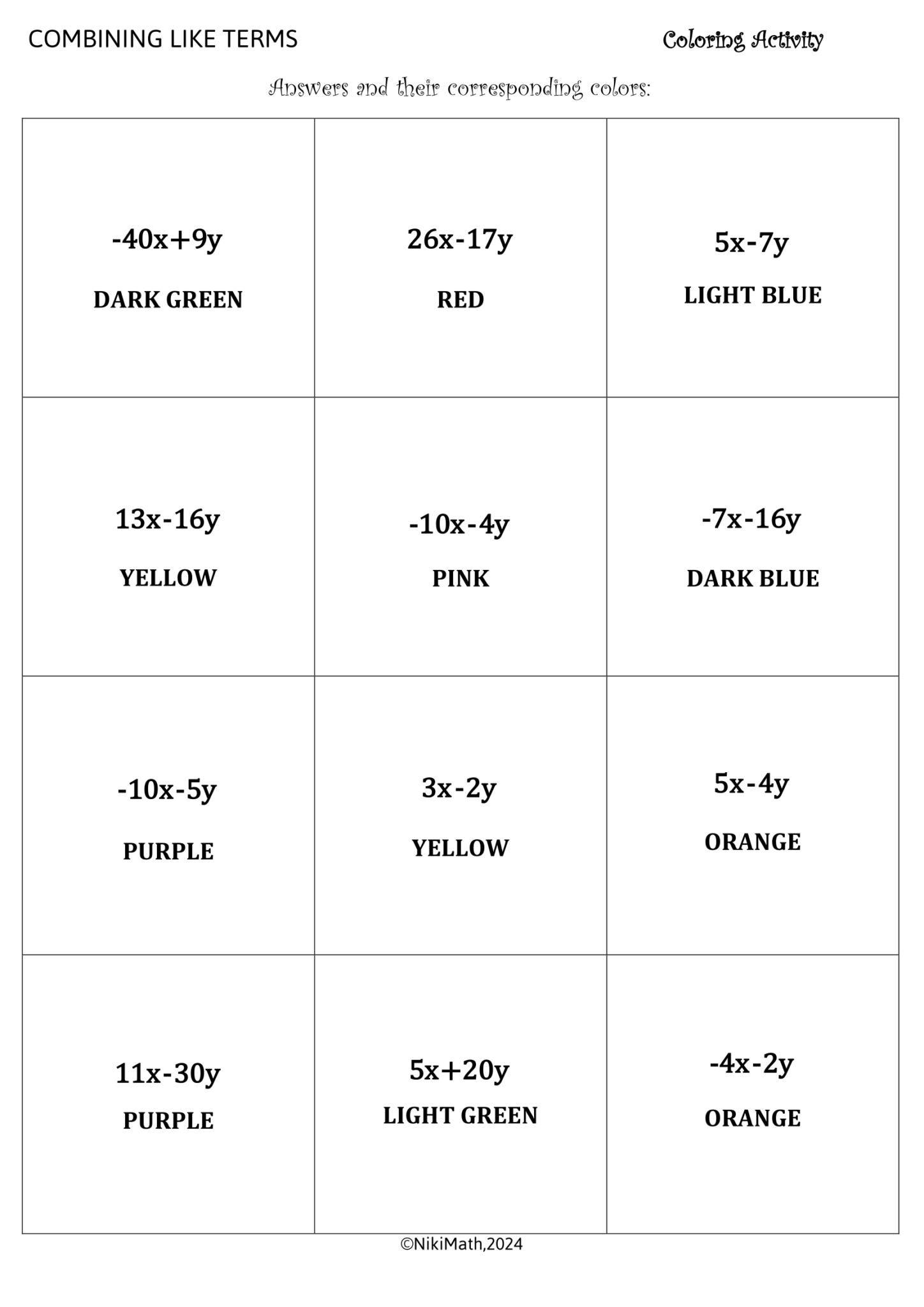 Combining Like Terms - Coloring Activity/Color by Code - Teacher Professional Development