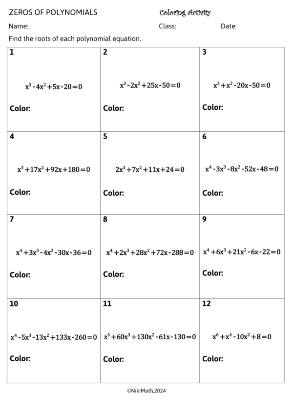 Zeros of Polynomials (Real and Complex) - Coloring Activity/Color by ...