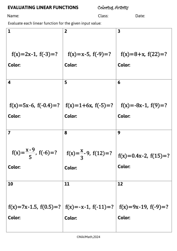 Evaluating Linear Functions - Coloring Activity/Color by Code - Teacher Professional Development