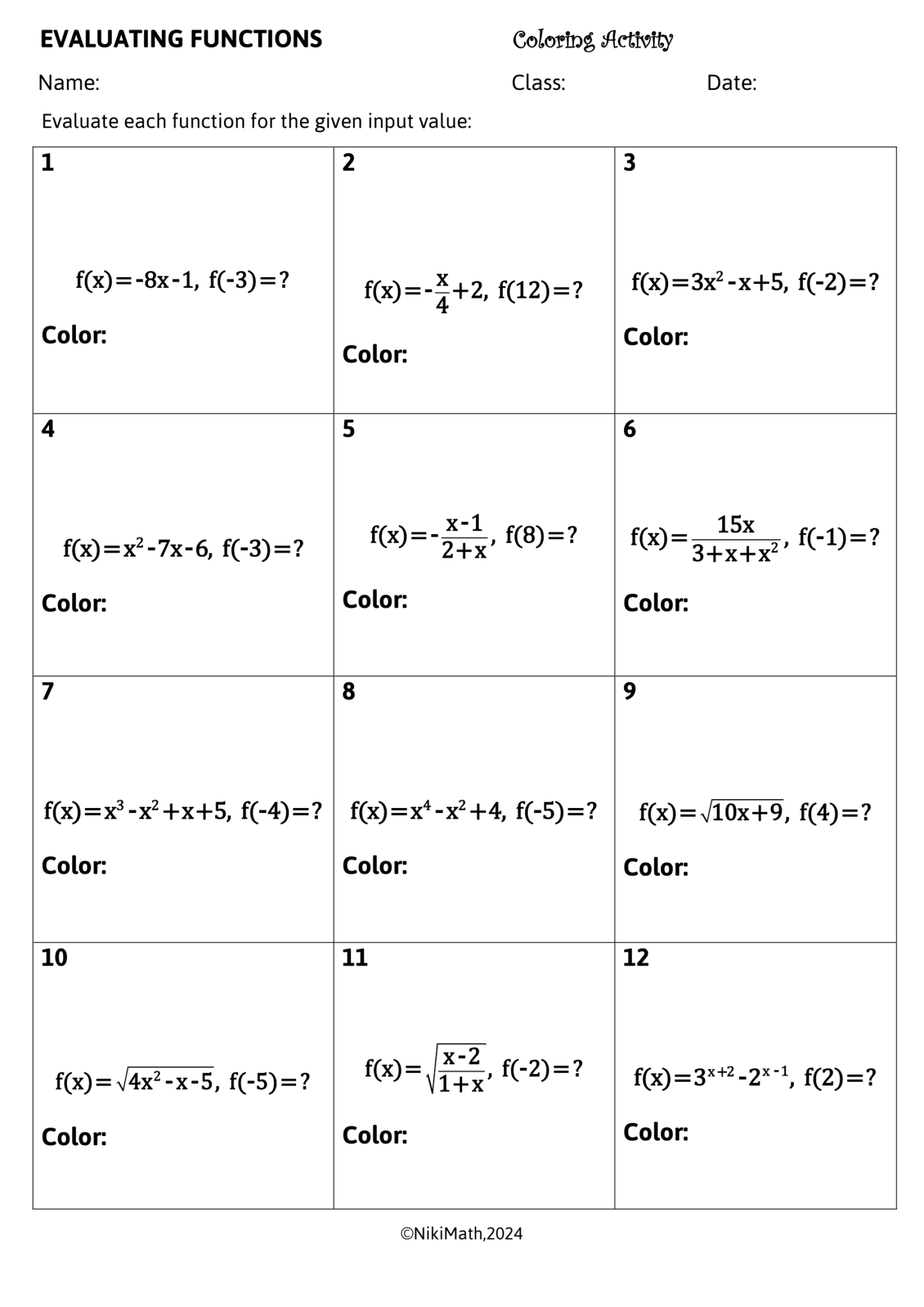 Evaluating Functions - Coloring Activity/Color by Code - Teacher ...