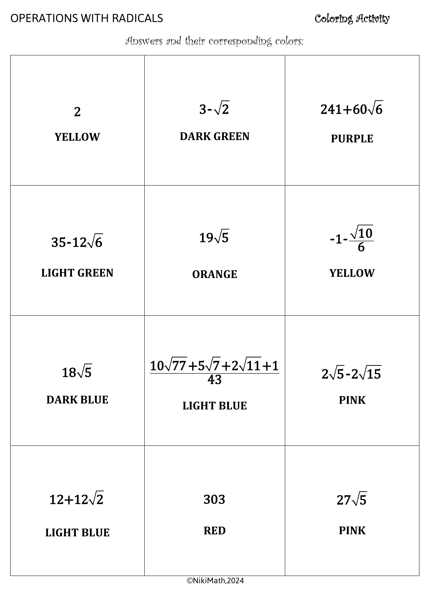 Operations with Radicals - Coloring Activity/Color by Code - Teacher ...