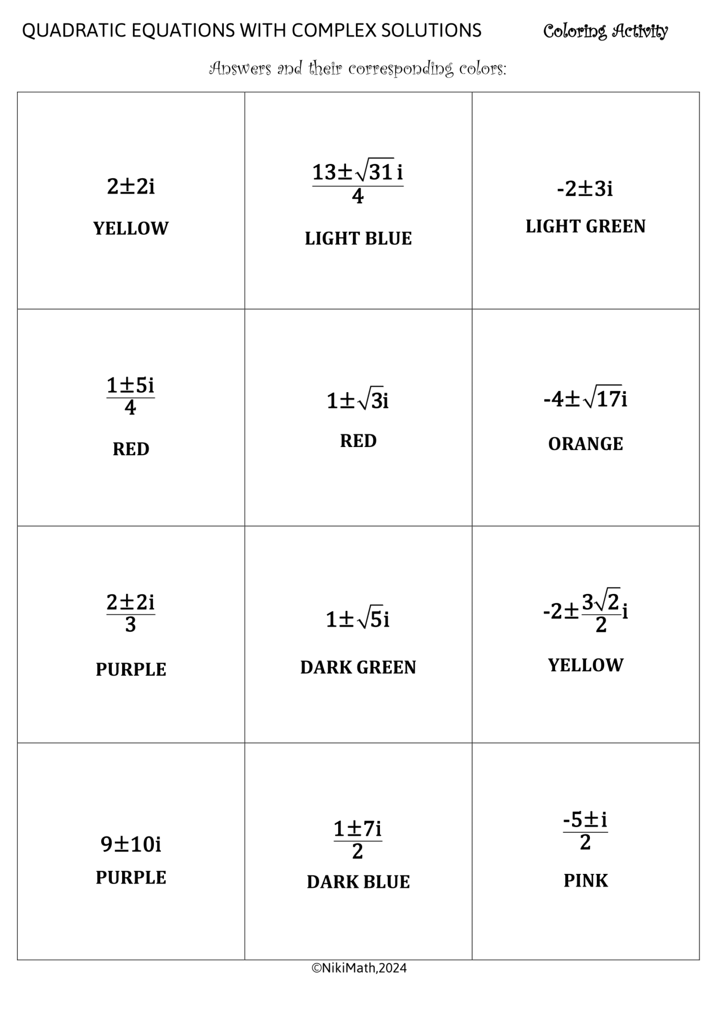 Quadratic Equations with Complex Solutions-Coloring Activity/Color by ...
