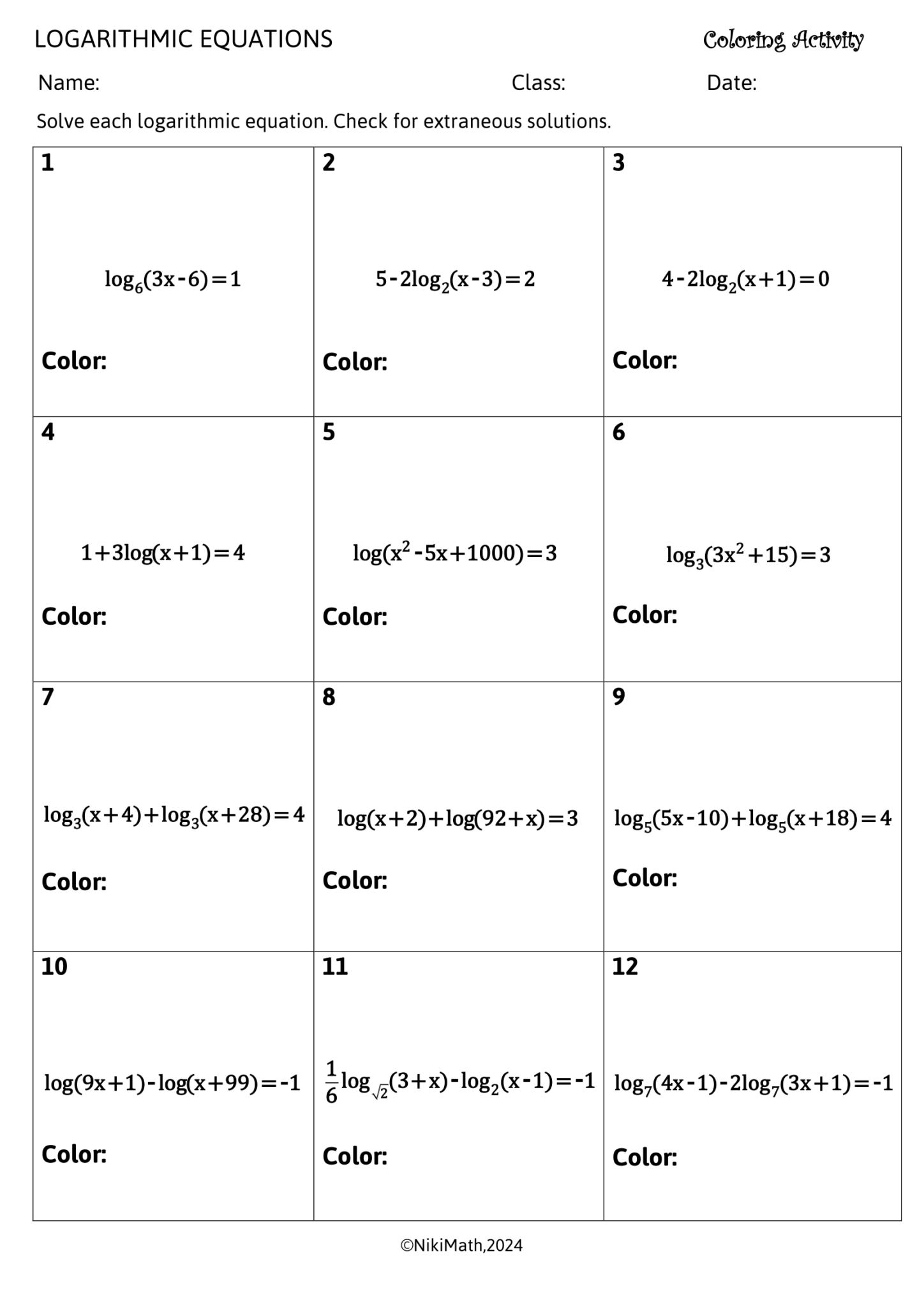 Solving Logarithmic Equations - Coloring Activity/Color by Code ...